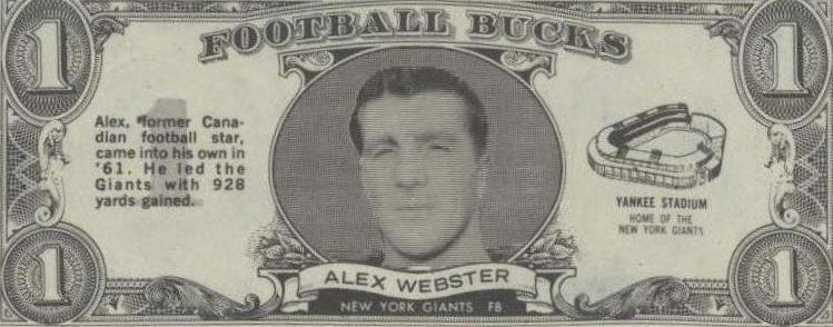 1962 Topps Football Bucks - Alex Webster #4 for sale online | eBay