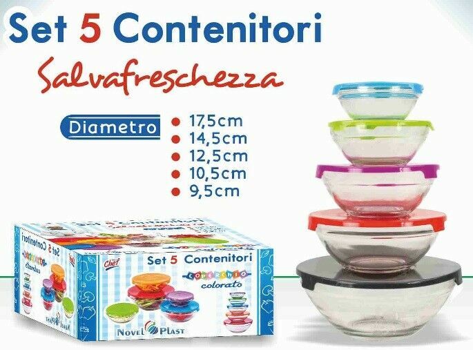 Set Di 5 Contenitori Frigo Vetro Per Alimenti Con Coperchio Colorato ...