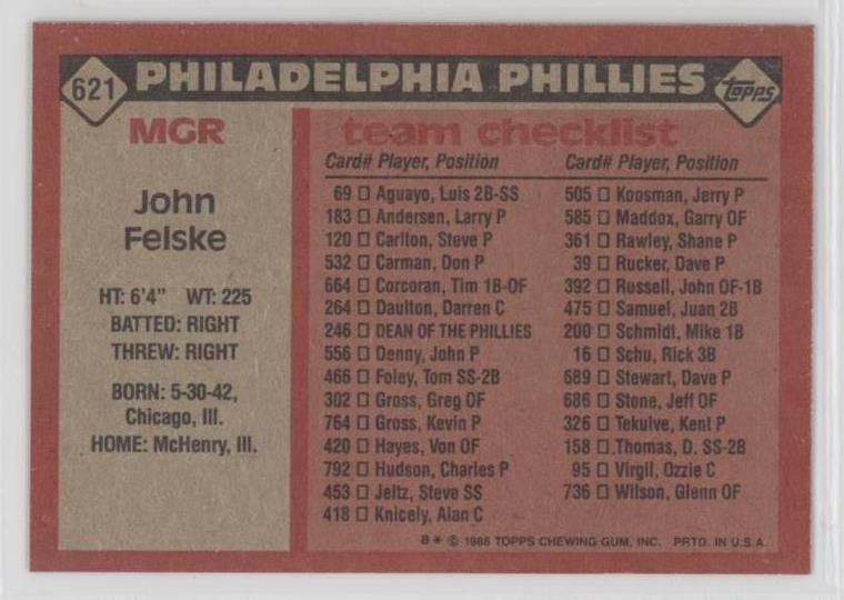 1986 Topps - John Felske #621 Blank Front for sale online | eBay