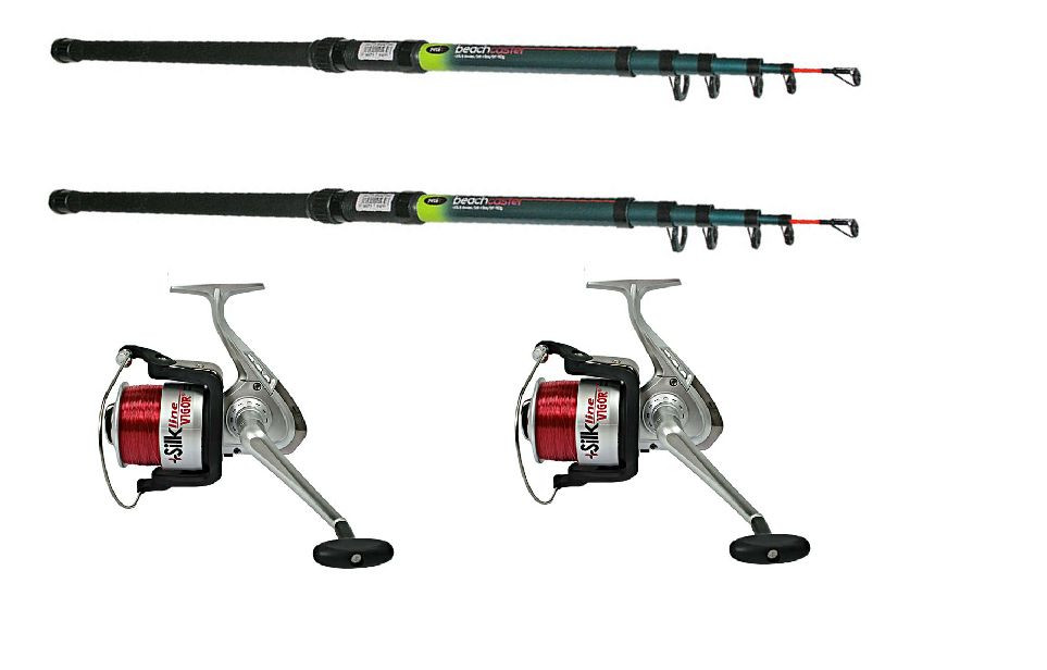 2 X 12ft Telescopic Beachcaster Rods & Silk Reels Set Kit Beach Caster ...