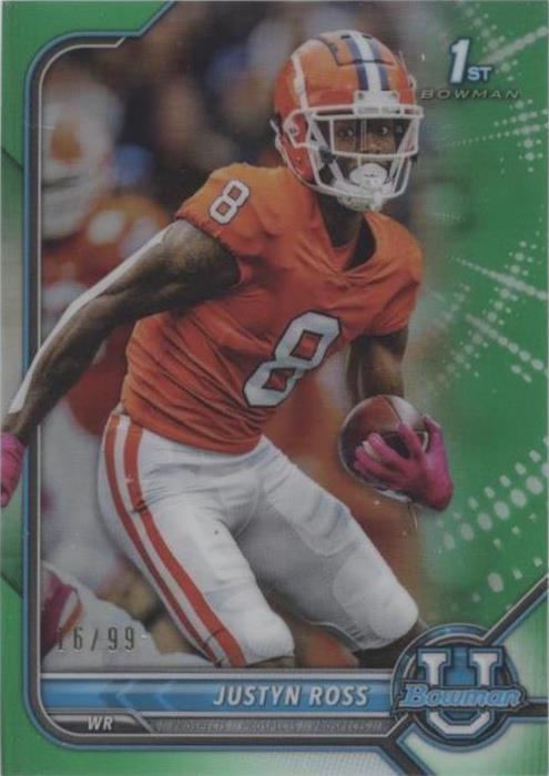 2021-22 Bowman University - Justyn Ross #12 Chrome Prospects Green ...