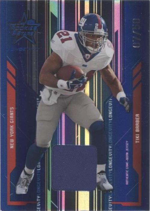 2005 Leaf Rookies & Stars Longevity - Tiki Barber #63 Sapphire Materials /50 (MEM) for sale ...