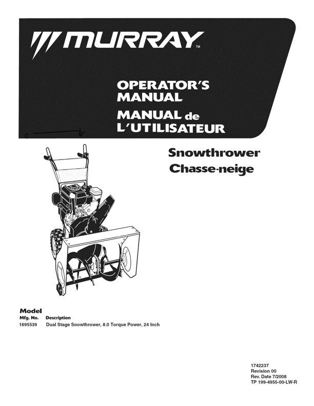 Model 1695539 | Owner’s Manual Murray Snow Thrower Snow Blower