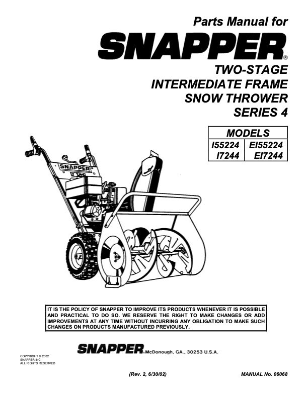 Parts Manual Snapper Two-Stage Intermediate-Frame Snow Thrower