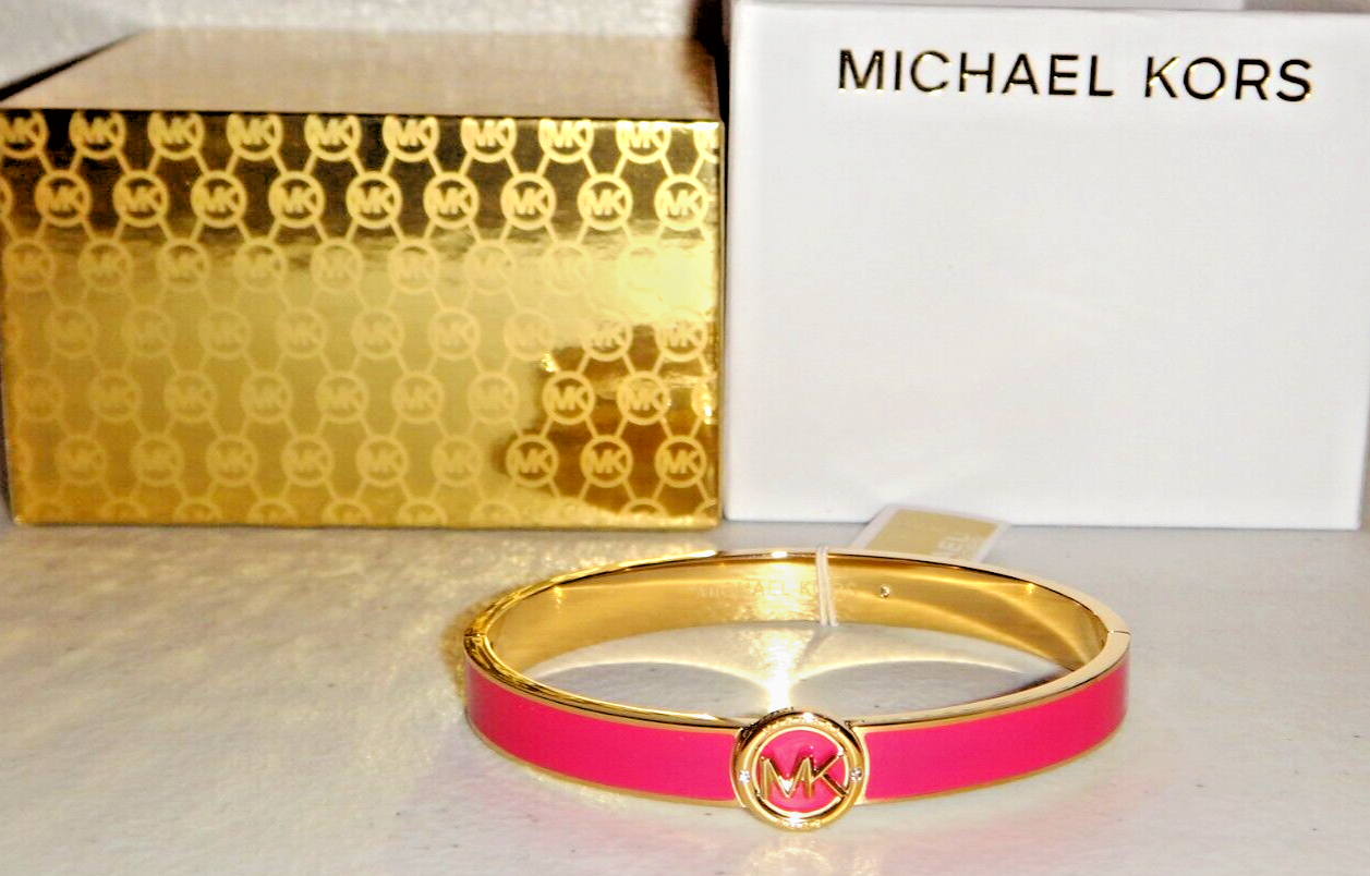 Michael Kors MK Logo Yellow Gold Hot Pink Enamel Bangle Michael Kors MK Logo Yellow Gold Hot Pink Enamel Bangle