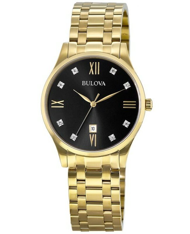 New Bulova Diamond Black Dial Yellow Gold Tone Stainless Men Watch 97D108