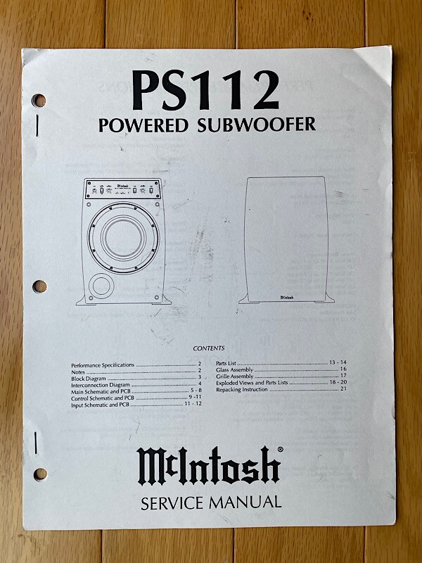 Not A Copy | Original Service Manual For Mcintosh Ps112 Powered Subwoofer