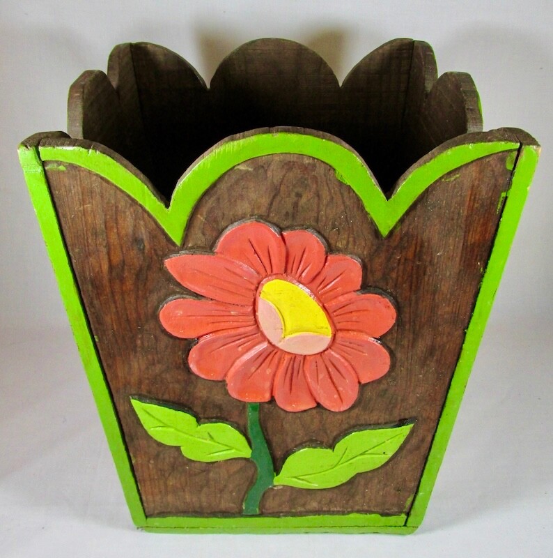 Mexico Colorful Carved Wood Folk Art Bas Relief Trash Can Or Planterの ...