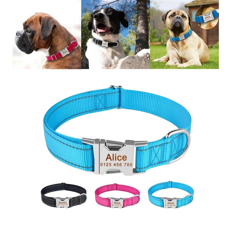 Personalized Nylon Reflective Dog Collar with Engraved ID Tag, S-XL
