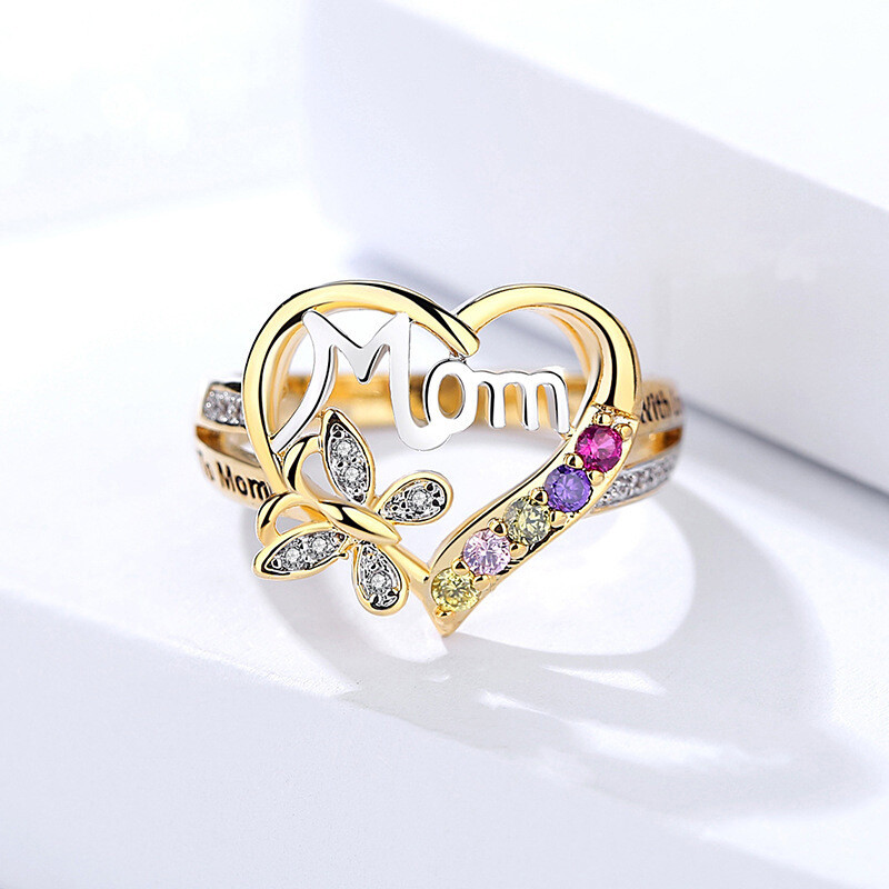 Mom Ring Gold Plated Butterfly Love Heart Rings Mother's Day Birthday ...