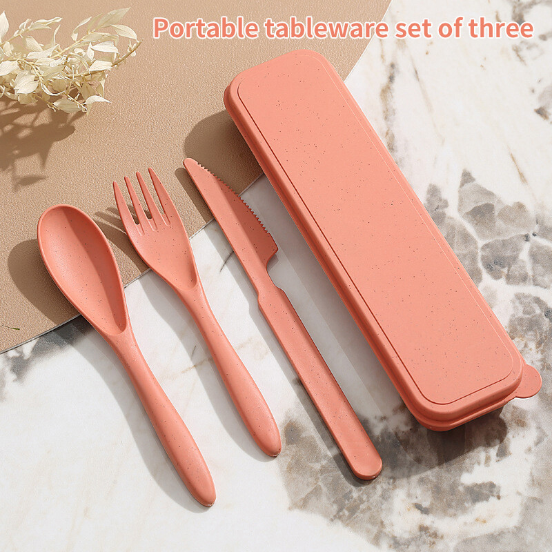 3Pcs Wheat Straw Dinnerware Set Travel Portable Tableware Knife Fork ...