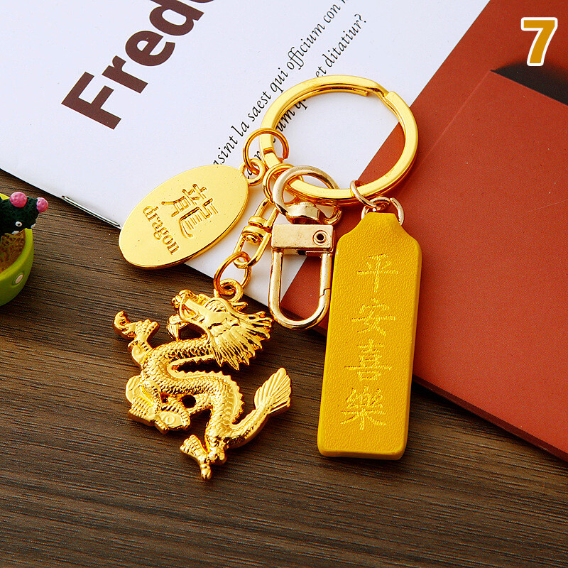 3D Gold Dragon Keychain With Red Tassels Blessing Hang Tag New Year ...