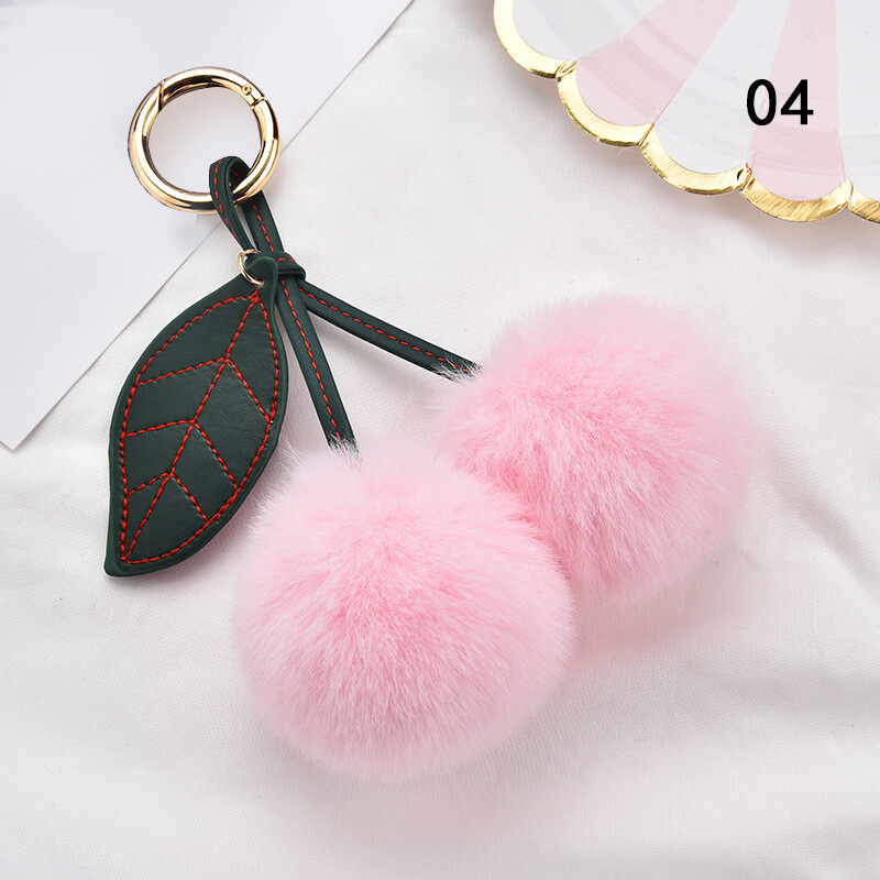 Fluffy Faux Fur Balls Pom Pom Key Chain Cherry Keyring Charm Bag ...