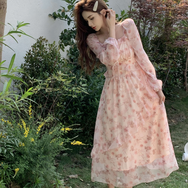 Women Girl Floral Chiffon Dress Tiered Ruffle Long Sleeve Women Girl Floral Chiffon Dress Tiered Ruffle Long Sleeve
