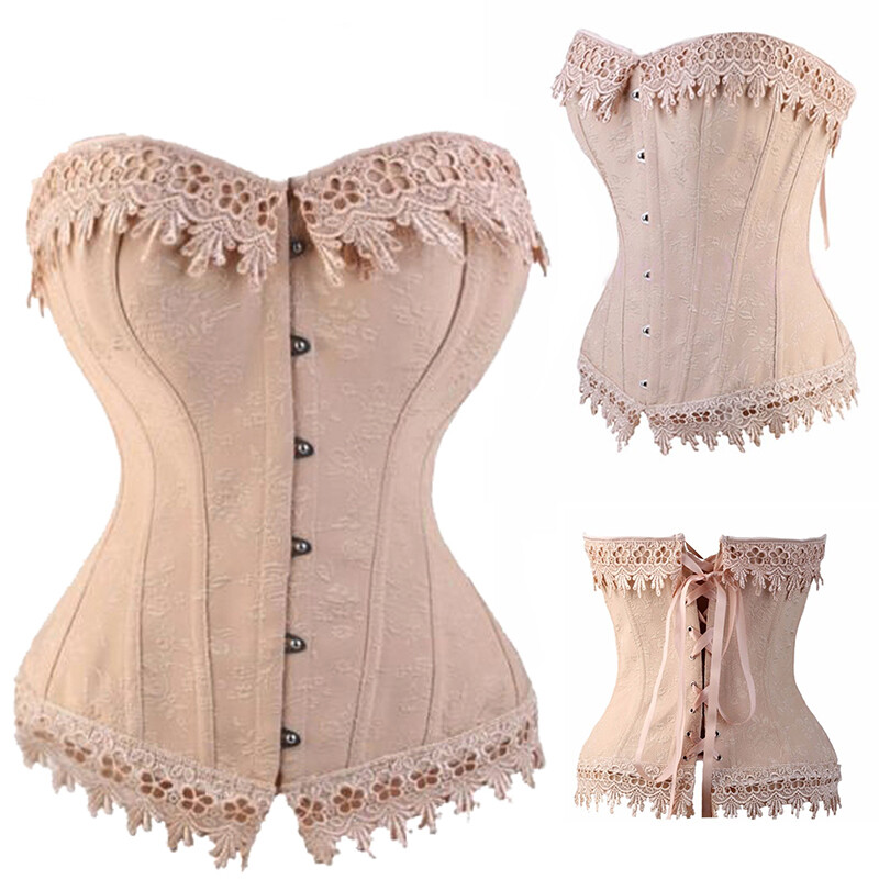 Women Gothic Lace Up Boned Overbust Bustier Brocade Basque Corset