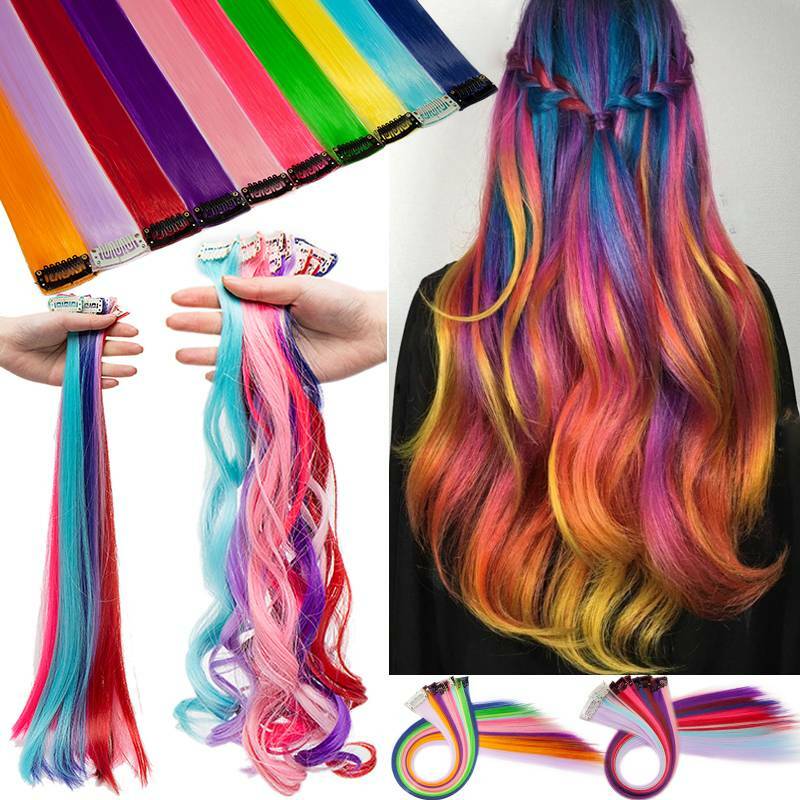 10PC Highlight Streaks Rainbow Hair Extensions Clip In Long Wavy Piece ...