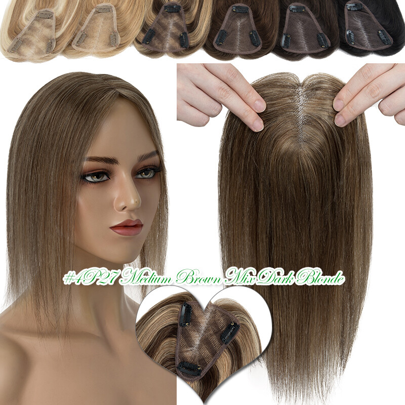Hand-Tied Hair Topper with Lace Base Clip in Top Hairpiece Real Remy ...