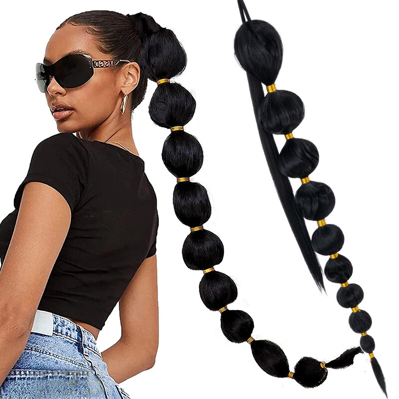 34" Ponytail Wrap/Tie In Bubble Braid Pony Tail Hair Extension Natural ...