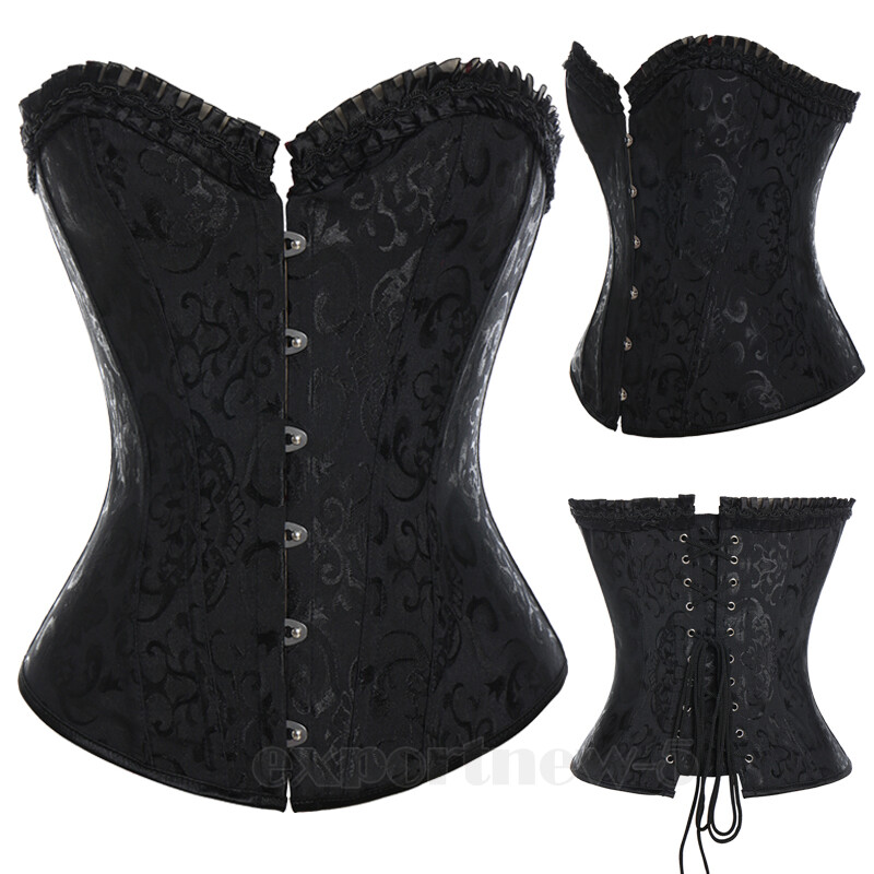 Sexy Women Black Lace Up Corset Plus Bustier Top Shaper Basque Dress 6