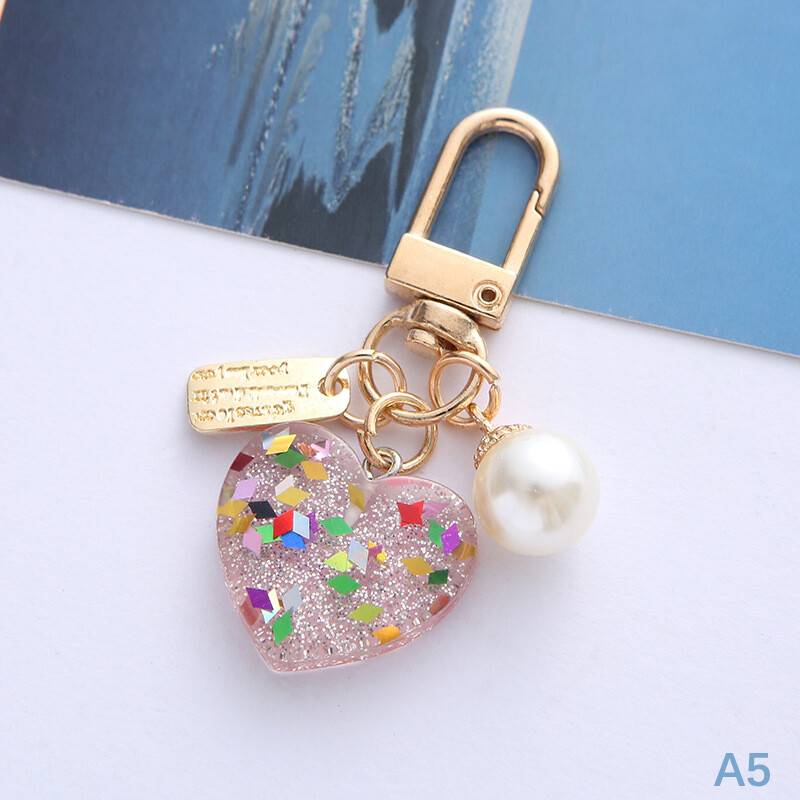 Resin Heart Shape Keychain Colorful Sequins Filled Keychain With Pearl ...