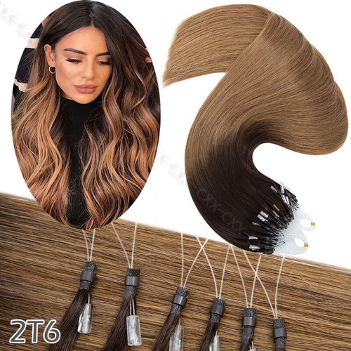 THICK Micro Bead Loop Hair Extensions Human Hair Balayage Brown Micro ...