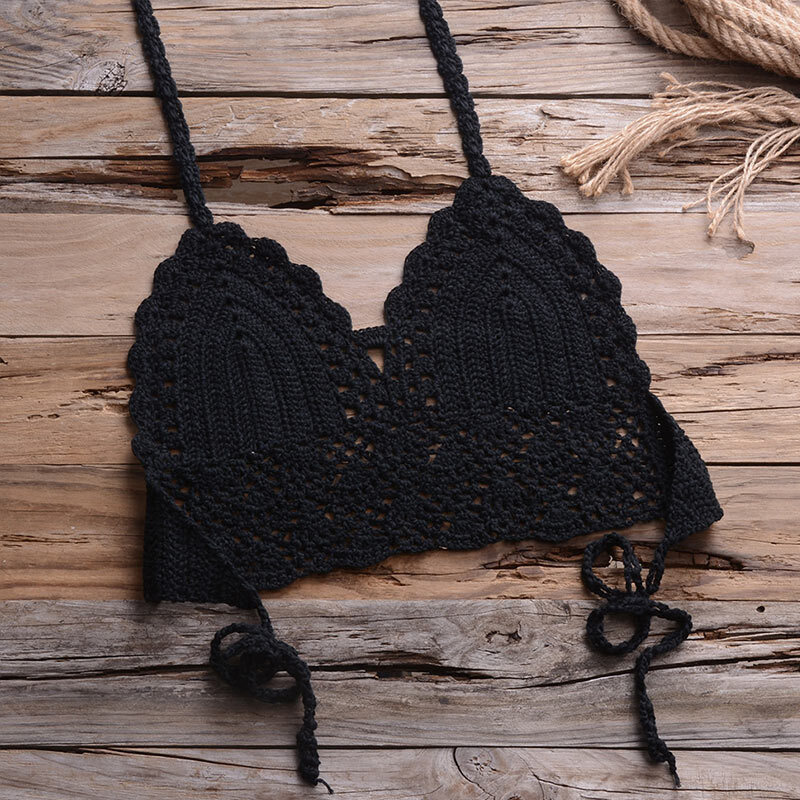 Women Bikini Crop Top Crochet Boho Bralette Halter Cami Knitted Bra