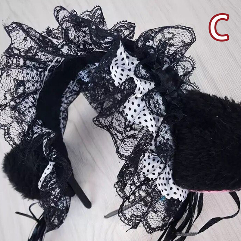 Maid Women Ruffles Lace Headband Plush Cat Ears Ribbon Bell Hair Hoop ...