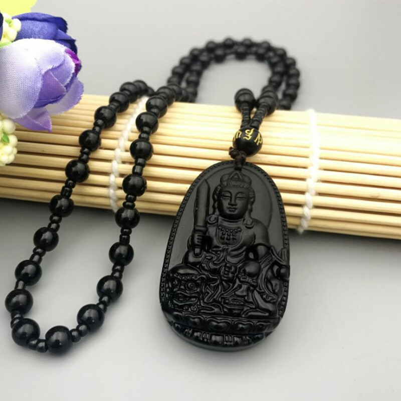 Obsidian Stone Buddha Beads Chain Necklace Imitate Jade Buddhism ...