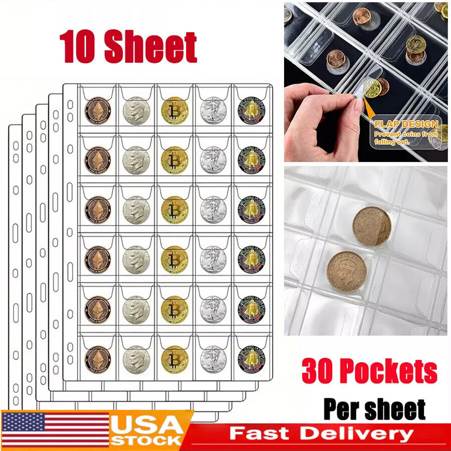 10 Sheets Coin Collection Supplies Pages, Coins Collecting Pocket Page ...