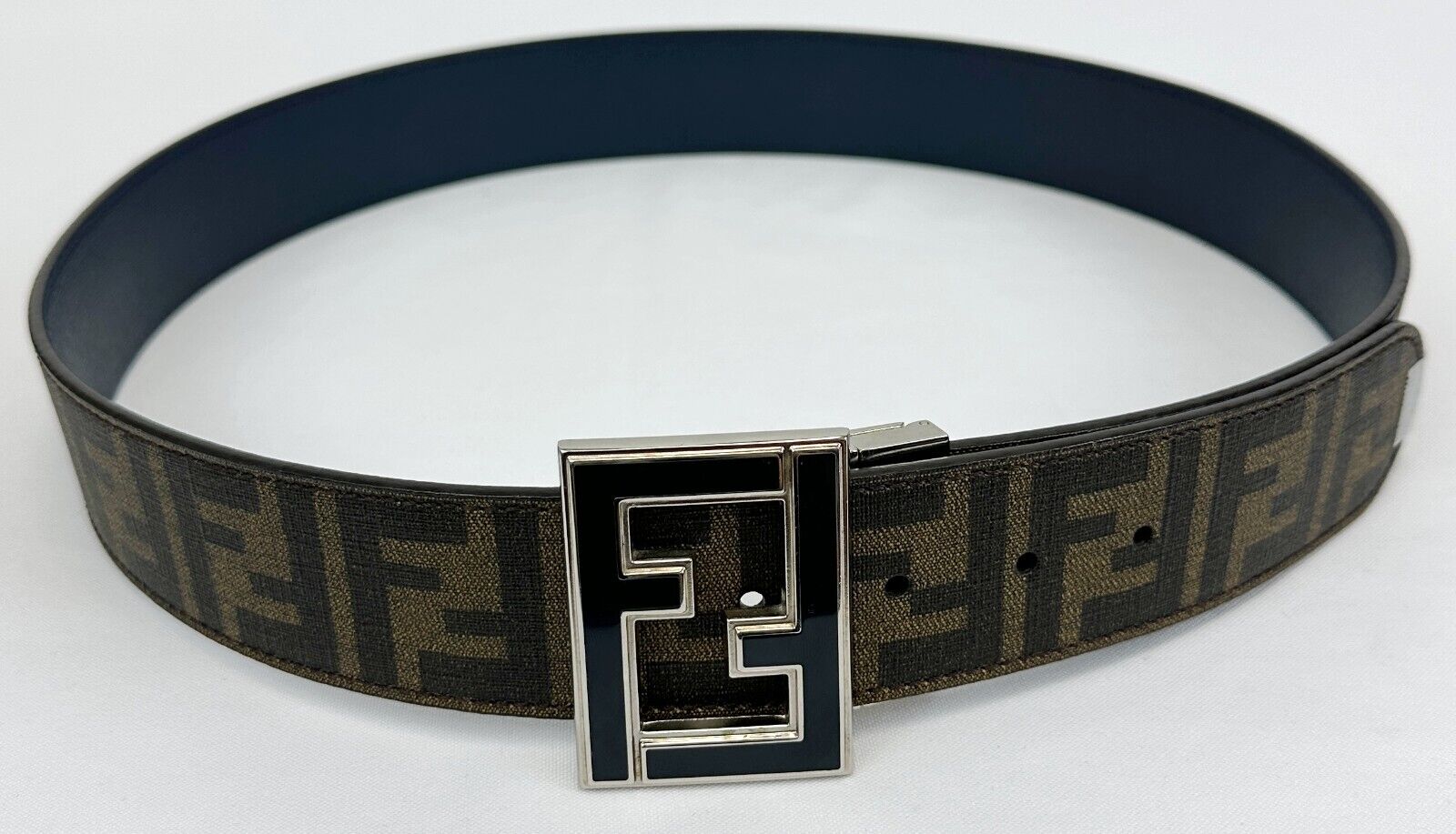 FENDI Coated Canvas Belt 42 Tobbacco Zucca Blue FF Logo FENDI Coated Canvas Belt 42 Tobbacco Zucca Blue FF Logo