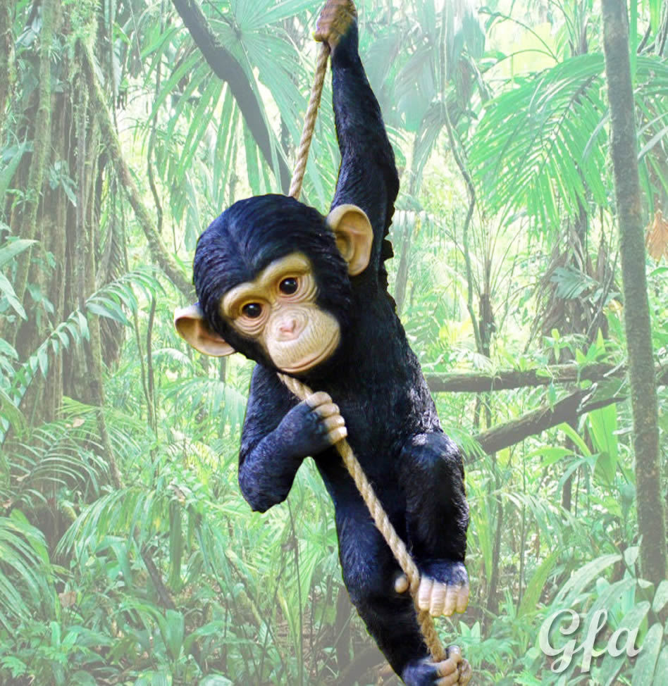 Chimpanzee ornament garden feature monkey holding onto rope swinging ...