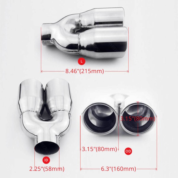 Dual Wall Twin Slant 3-1/8" Out Exhaust Tip 2-1/4" 2.25" In 304 ...