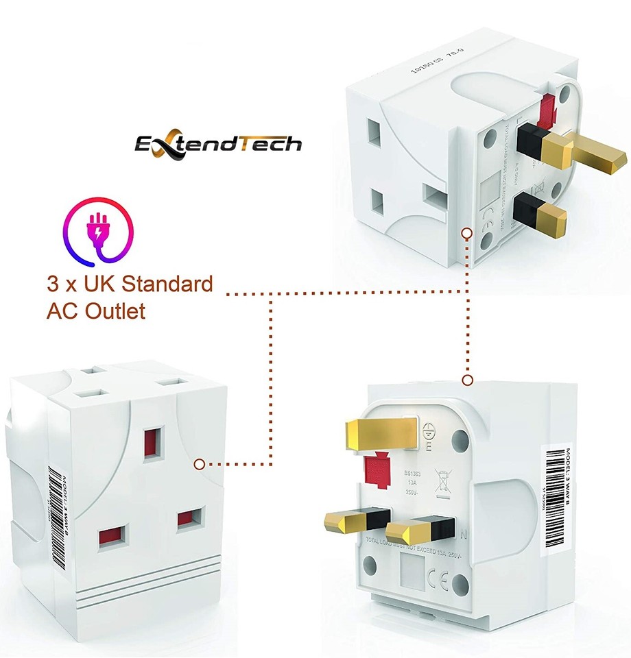 2 x 3 Way Gang Block Triple Socket Splitter 13A Mains UK Plug Adaptor ...