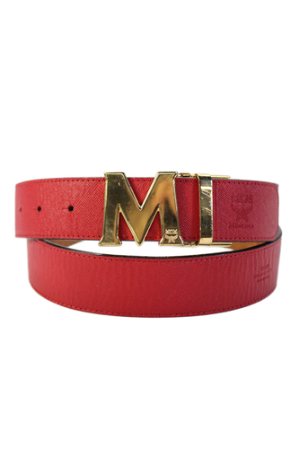 MCM Mens Textured Gold Tone Hardware Logo Buckle Belt Red OS | eBay