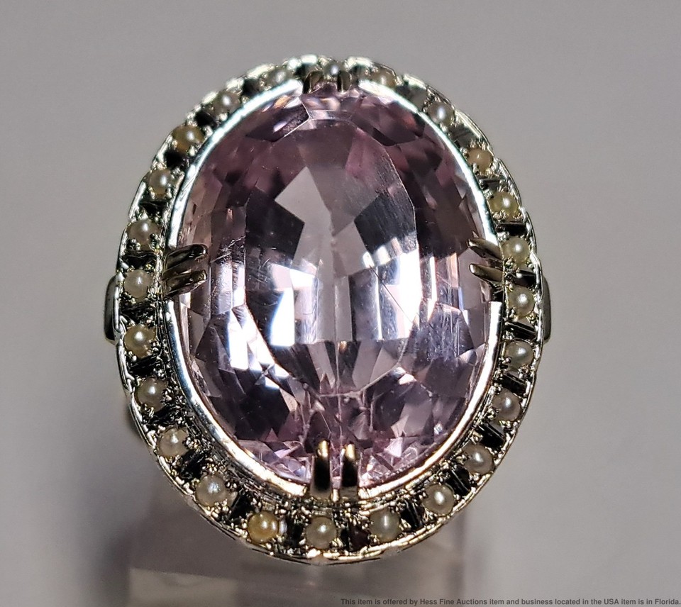 Large Mid Century 14.85ct Kunzite Seed Pearl Halo 14K White Gold Ladies Ring | eBay