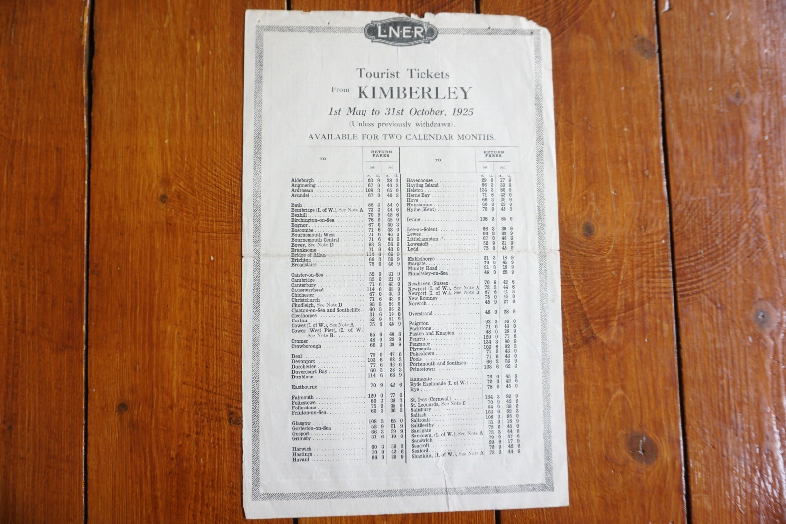 1925 LNER Railway Timetable Handbill | Grelly UK