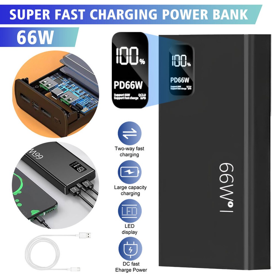 30000mAh Portable Power Bank 66W USB LCD External Battery Charger For ...