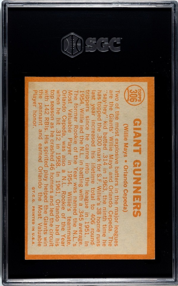 Willie Mays/Orlando Cepeda 1964 Topps Giant Gunners Card- SGC Graded 6. ...
