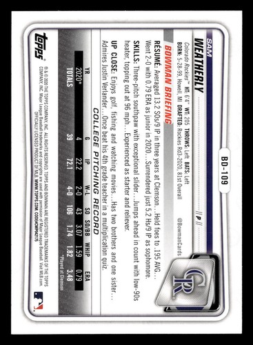 Sam Weatherly 2020 Bowman Draft #BD-109 Colorado Rockies ROOKIE 1ST RC ...