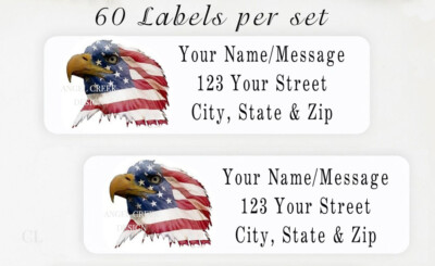 60 Personalized Return Address Labels 2/3" x 1 3/4"- USA American Flag ...