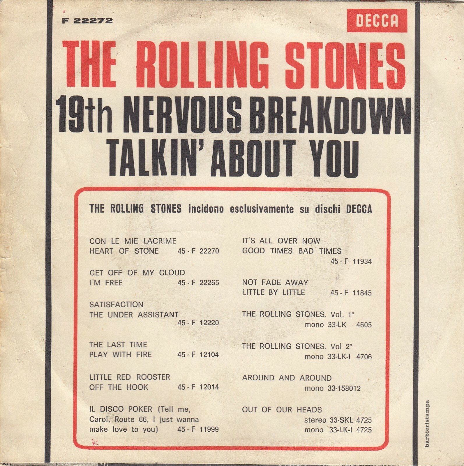 THE ROLLING STONES 19TH NERVOUS BREAKDOWN / TALKIN'.... 1966 RECORD ...