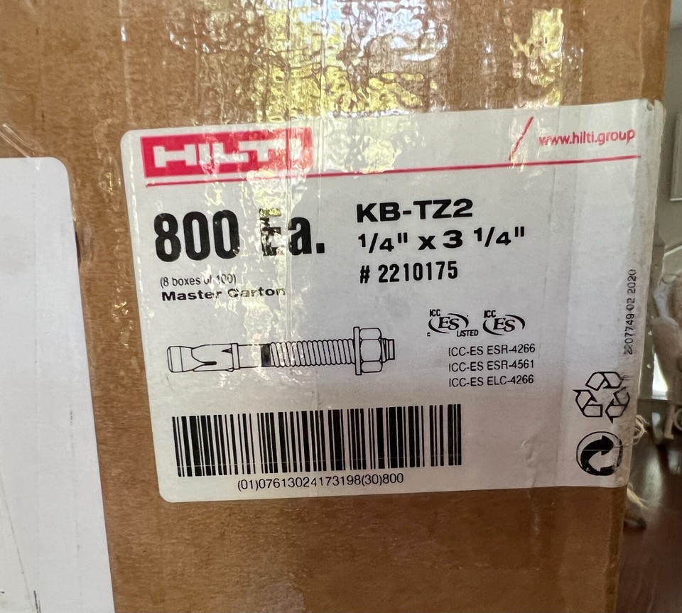 800 HILTI KB-TZ2 1/4" X 3 1/4" KWIK BOLTS ANCHORS w/nuts concrete NIB ...