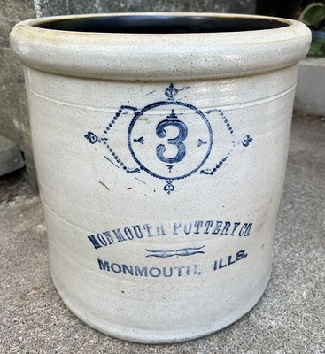 Antique 3 Gallon MONMOUTH Illinois Pottery Stoneware Crock w/ Blue ...