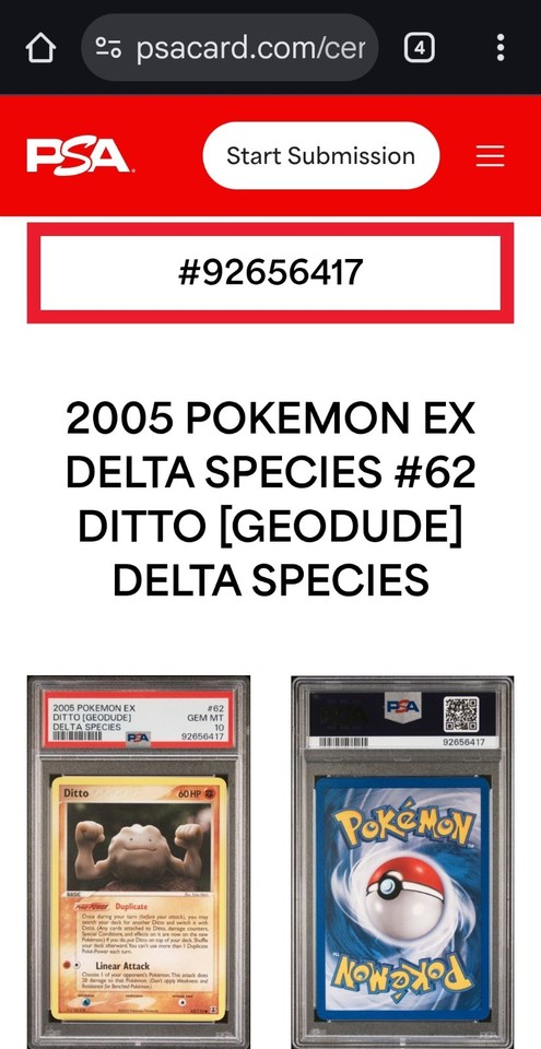 👑⭐ DITTO GEODUDE Certified PSA 10 Gem Mint 62/113 EX Delta Species Very ...