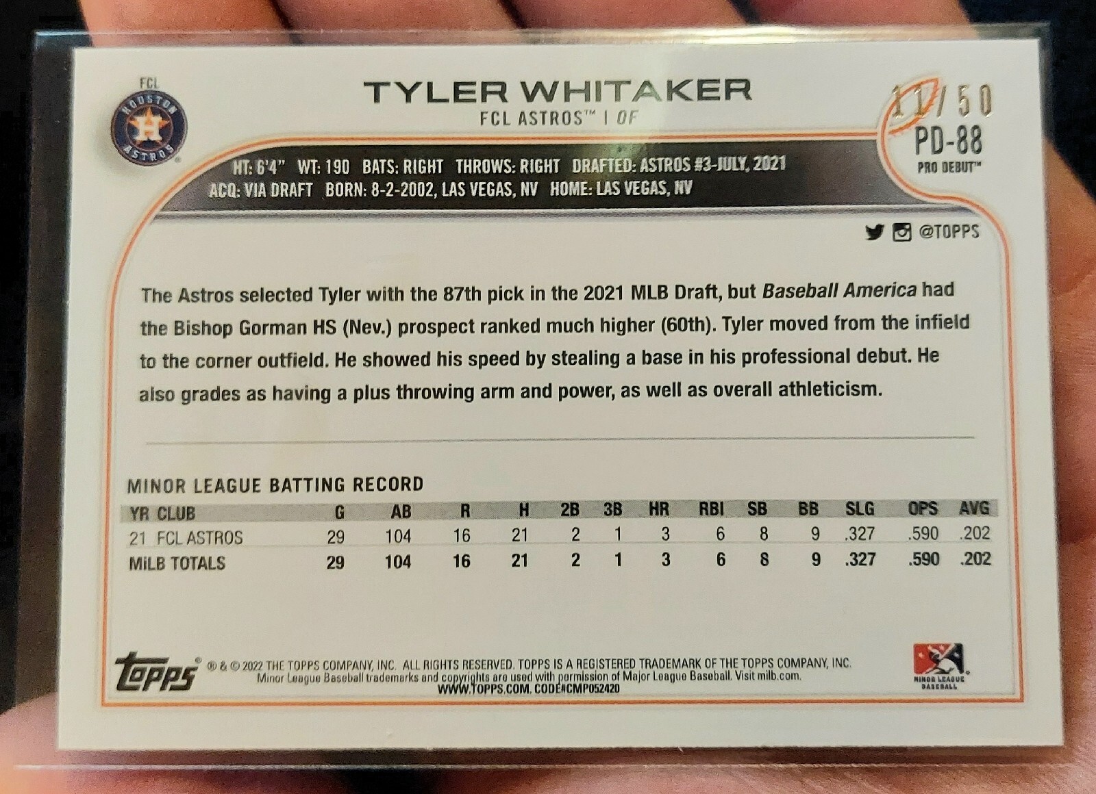 2022 Topps Pro Debut - Gold #PD-88 Tyler Whitaker /50 (RC) for sale ...