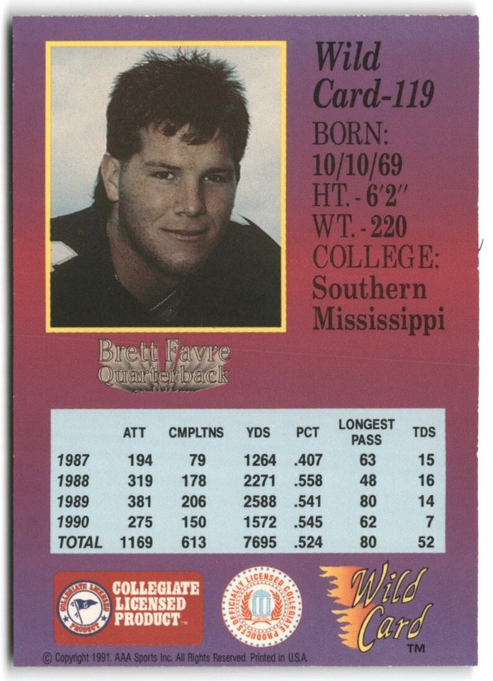 1991 WILD CARD DRAFT RC #119 BRETT FAVRE | eBay