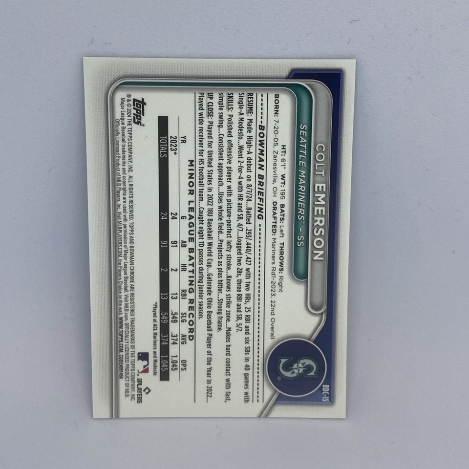 2024 Bowman Draft Chrome Sapphire Colt Emerson #BDC-15 Mariners Auto 🤯 ...