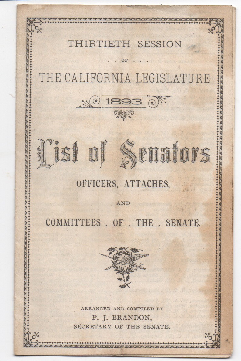 1893 List of California Senators and Committees of the Senate | eBay