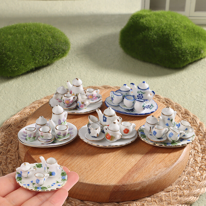 Miniature Porcelain Tea Cup Set Tableware Kitchen Dollhouse Teapot DIY ...