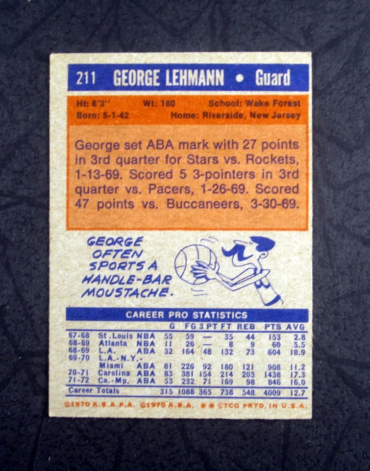 1972 TOPPS SET BREAK George Lehmann #211 Memphis Tams VG-EX (B) | eBay